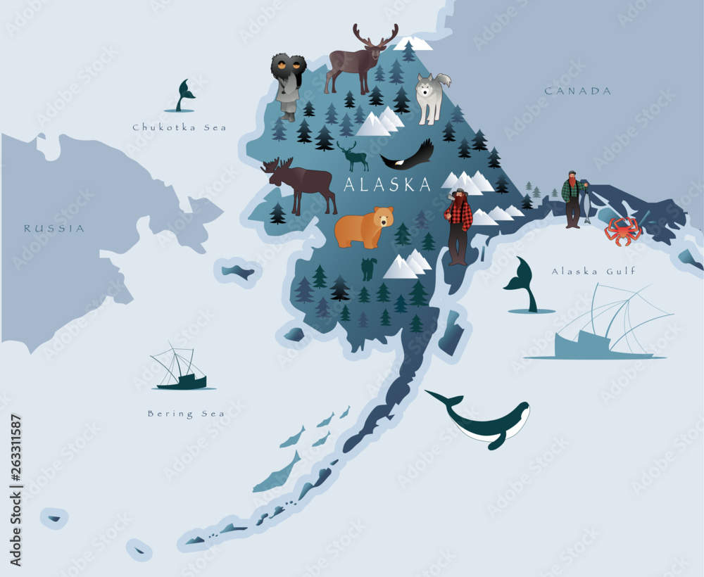 Map of Alaska with animals, eskimos, forests, mountains, hunters, boats ...