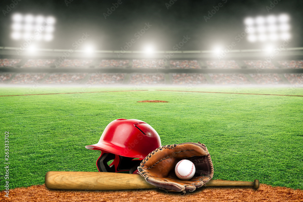 Baseball Bat, Helmet, Glove and Ball on Field in Outdoor Stadium With ...