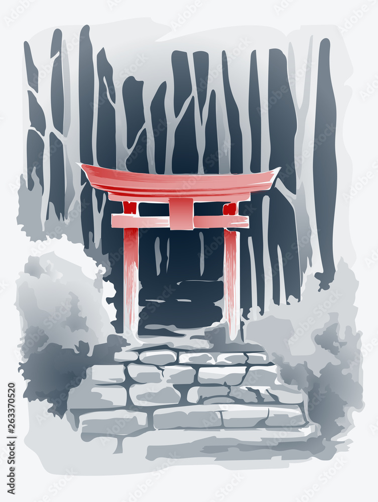 Torii Gate in the Forest vector drawing in traditional Japanese style ...