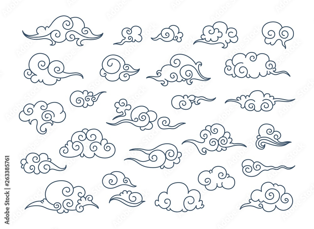 Asian clouds. Chinese oriental ornament japan autumn doodle korean sky ...