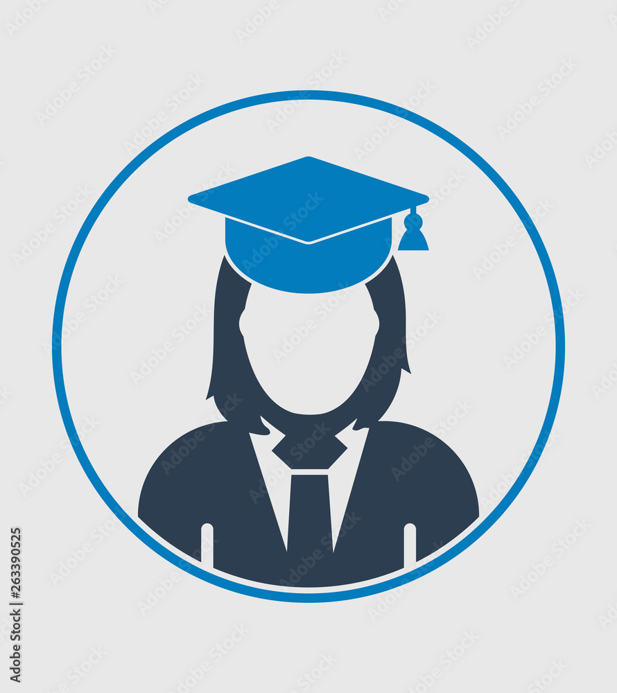 Female graduate student profile icon with gown and cap. Flat style ...