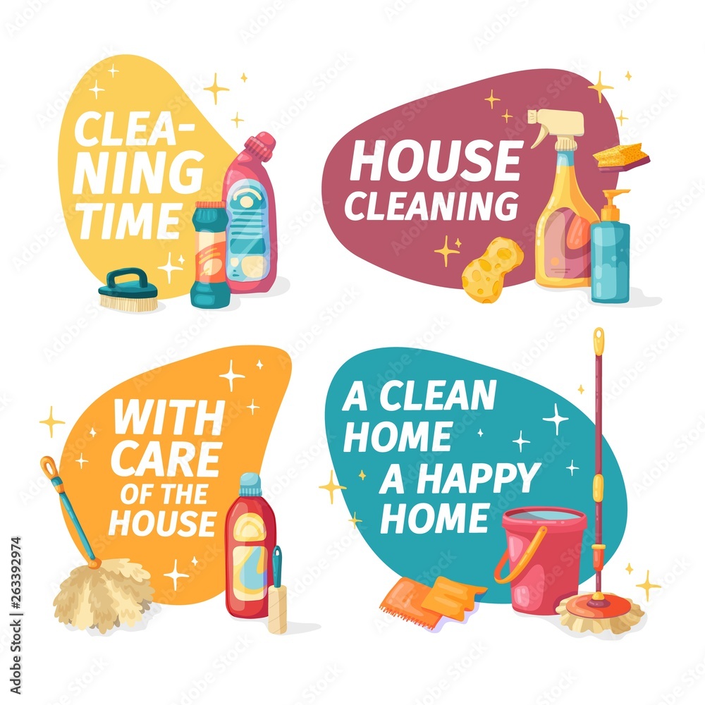 Set design banner House cleaning with cleaning products. Cartoon ...