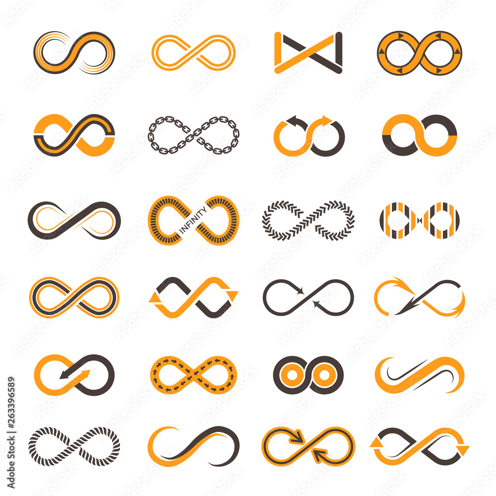 Infinity icons. Contouring shapes of eternity vector two-color symbols ...