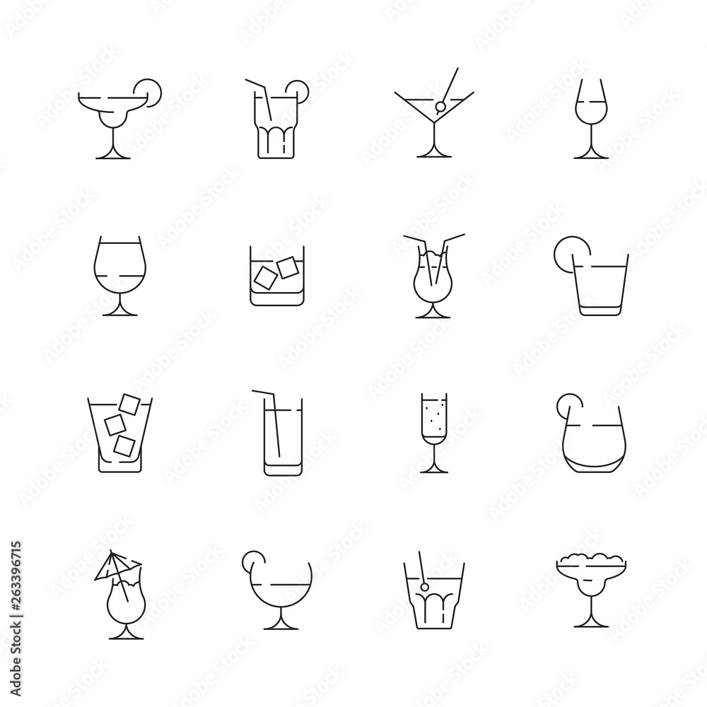 Glass for drink icons. Cocktail and alcoholic drink for party liquid ...