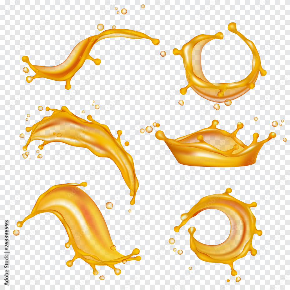 Oil yellow splashes. Golden liquids and drops vector realistic template ...