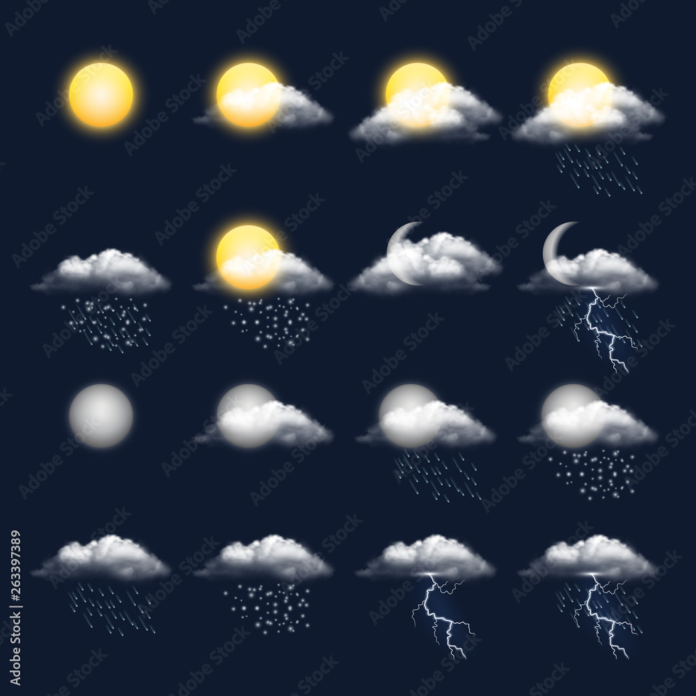 Meteo realistic icon. Clouds sun rain wind snow vector weather symbols ...