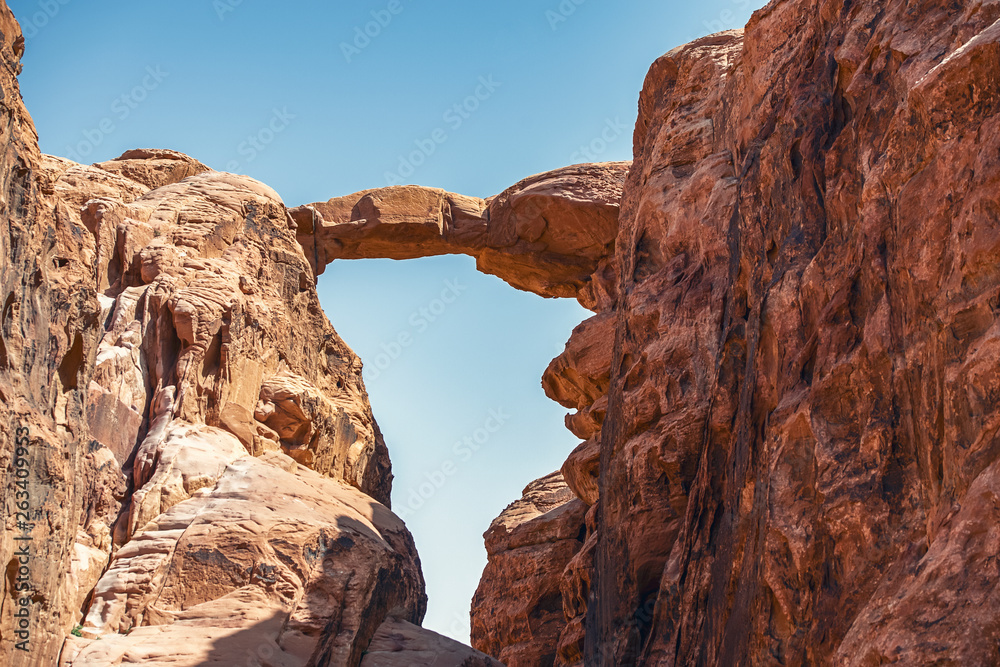 Burdah Rock Bridge in incredible lunar landscape in Wadi Rum in the ...