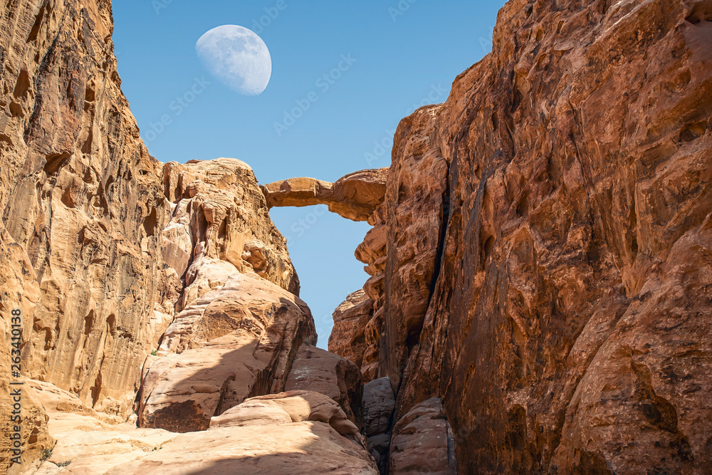Burdah Rock Bridge in incredible lunar landscape in Wadi Rum in the ...