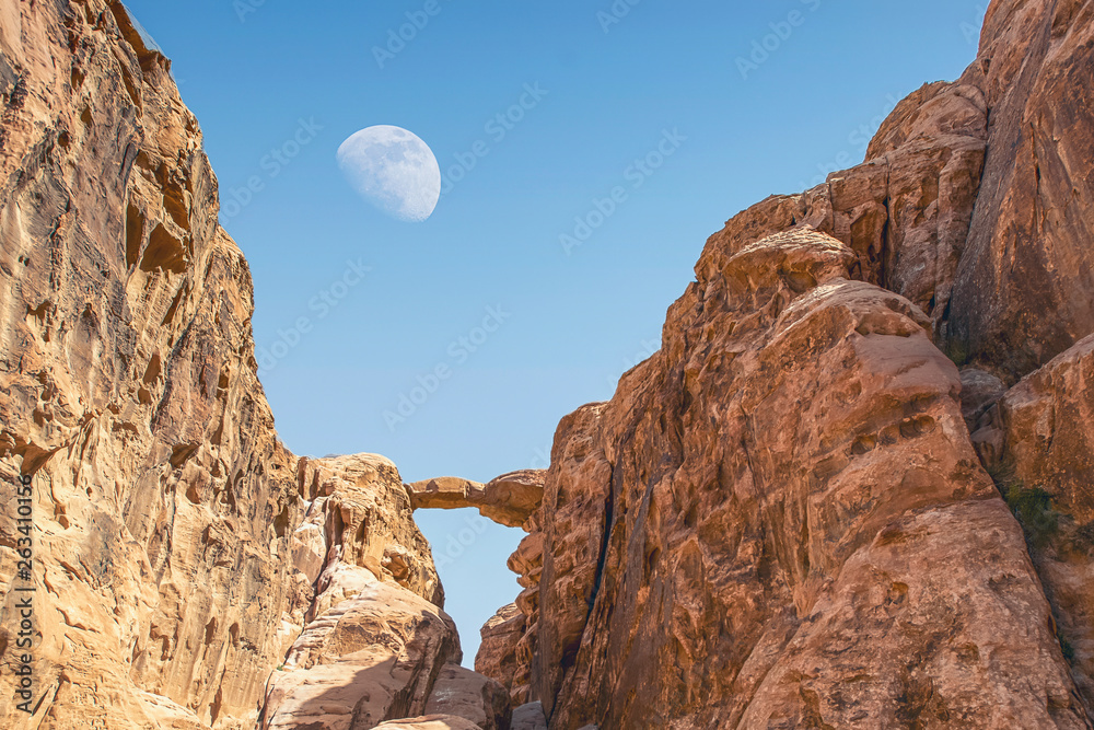 Burdah Rock Bridge in incredible lunar landscape in Wadi Rum in the ...