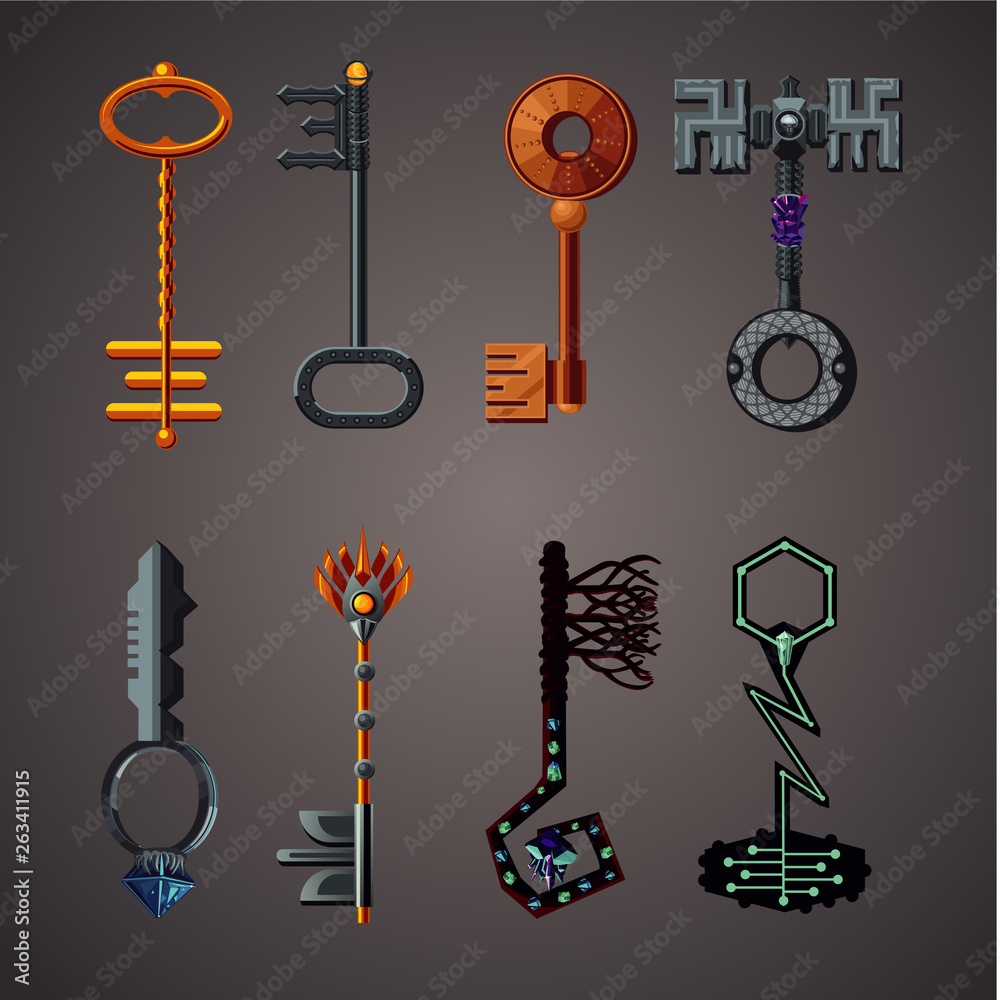 Magic keys fantasy set. Cartoon icons collection. Vector assets. Stock ...