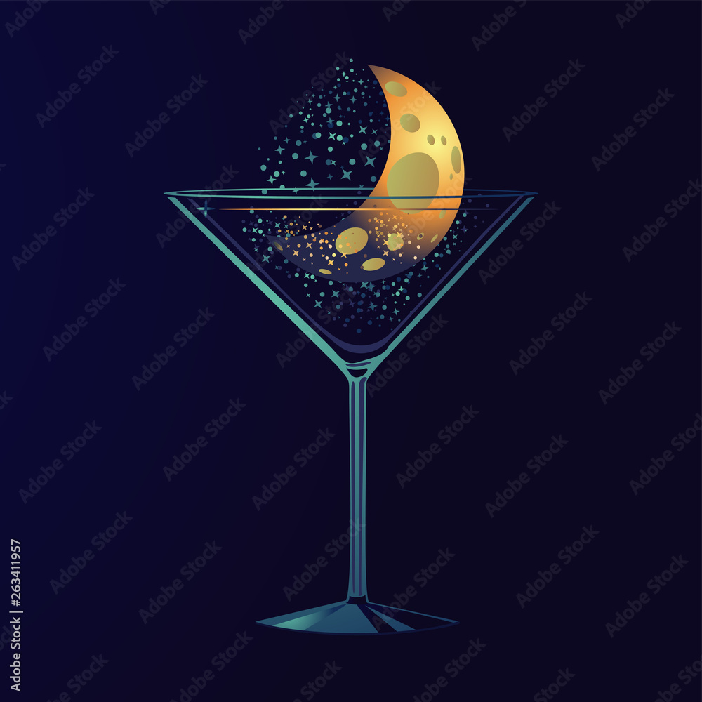 Nigth party poster with cocktail. Moon in a glass. Romantic date ...
