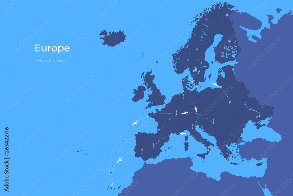 Detailed vector map of the Europe. Vector illustration. Airplanes ...