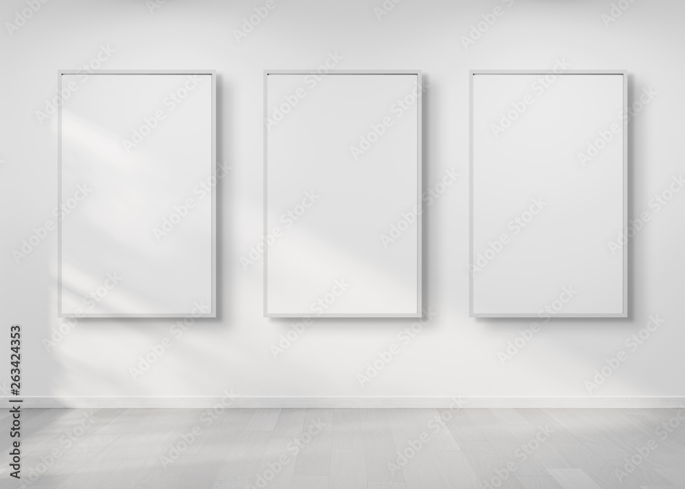 Three frames hanging on a wall mockup 3d rendering Stock Illustration ...