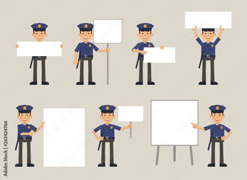 Set of policeman characters posing with different blank banners ...