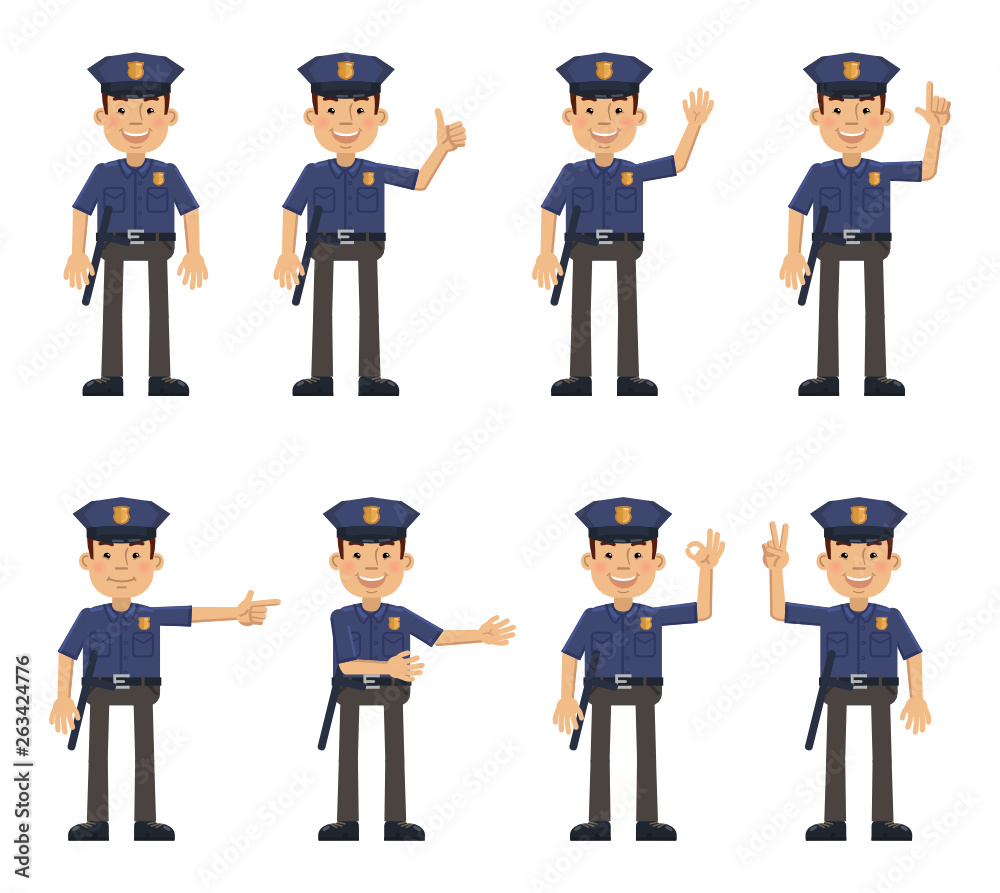 Set of policeman characters showing different hand gestures. Cheerful ...