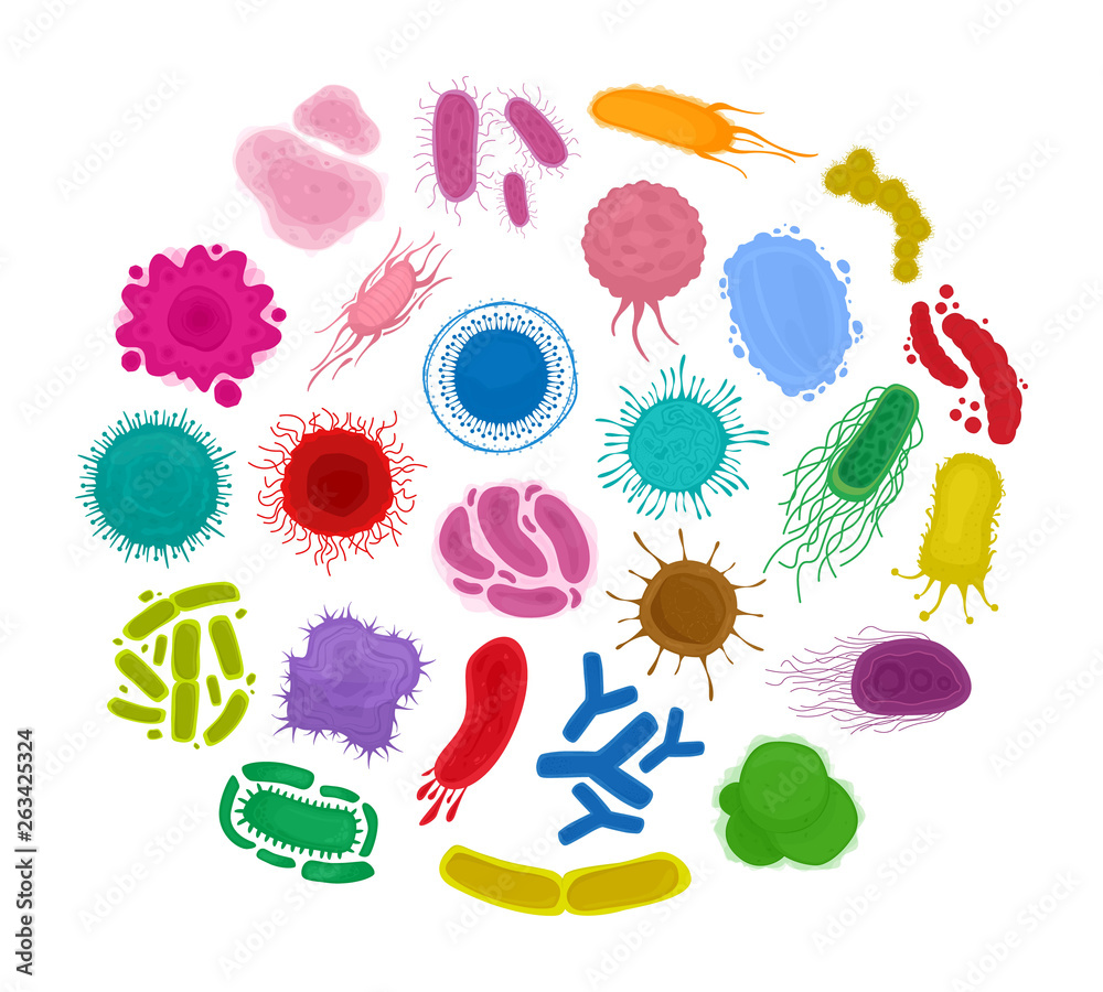 Bacteria and microorganisms in circle. Set virus cells isolated on ...