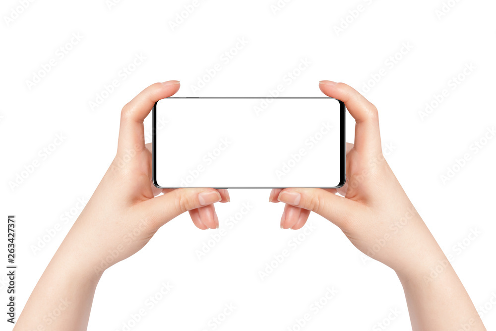 Female hands holding modern phone in horizontal position, isolated on ...