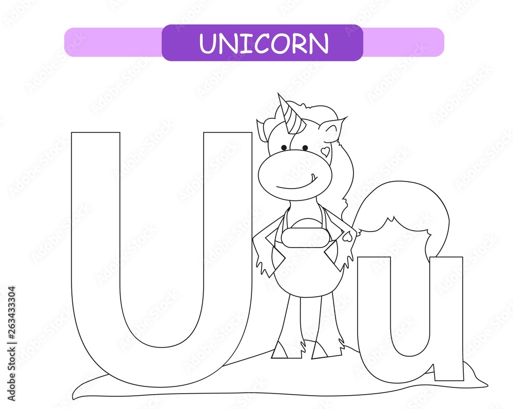 Letter U and funny cartoon unicorn. Coloring page. Animals alphabet a-z ...