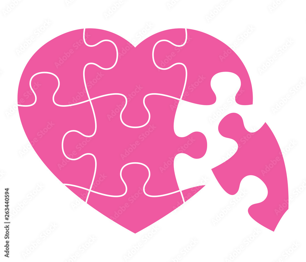 Vector pink heart logo made of puzzle pieces. Isolated on white ...
