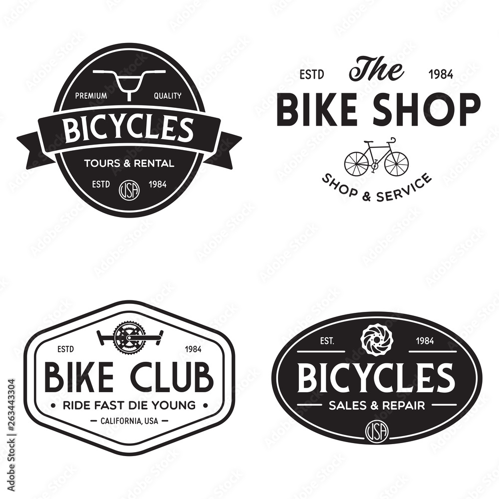 Set of vintage and modern bike shop logo badges and labels. Cycle wheel ...
