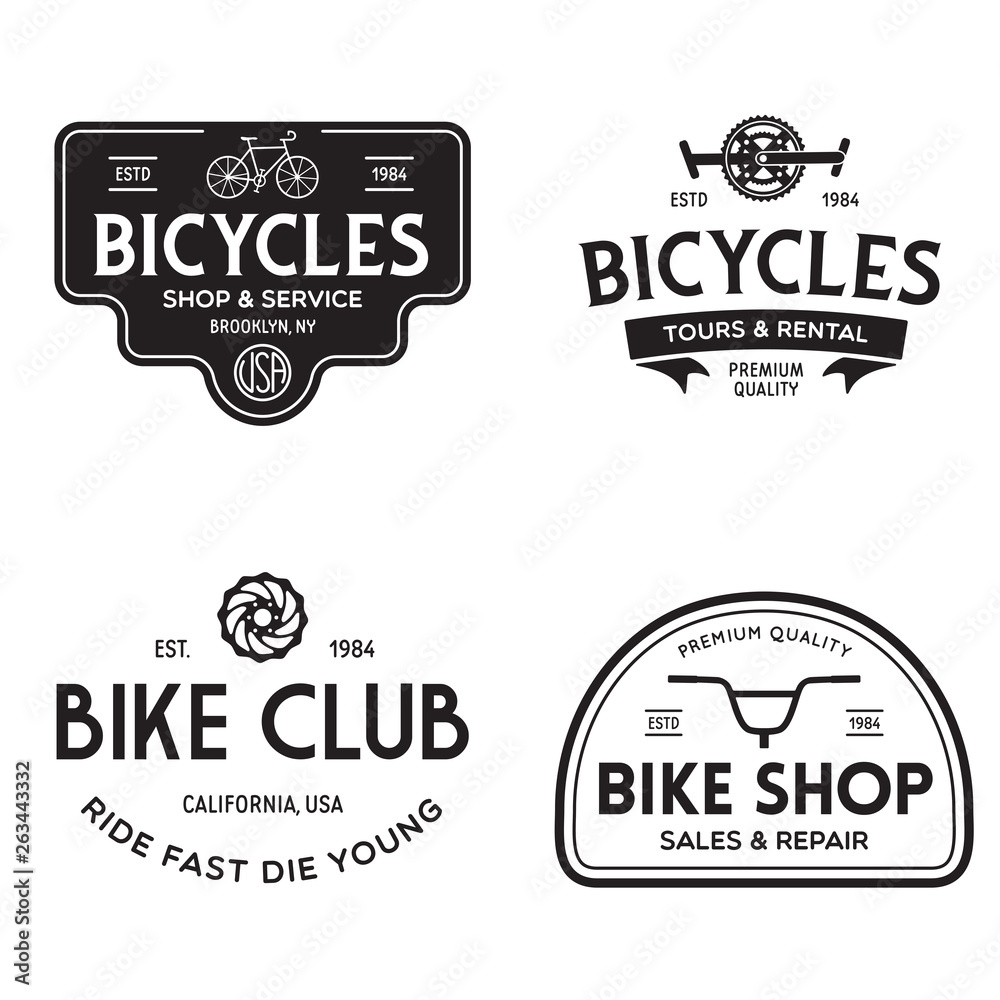 Set of vintage and modern bike shop logo badges and labels. Cycle wheel ...