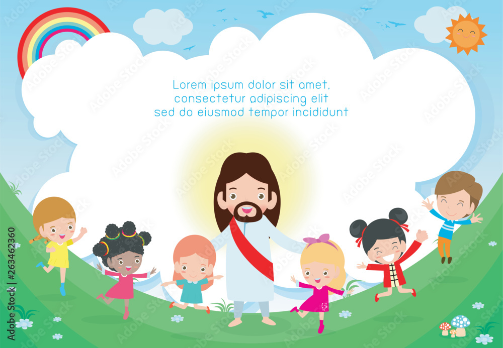 Jesus Christ and Group of happy children, Multicultural kids in the ...