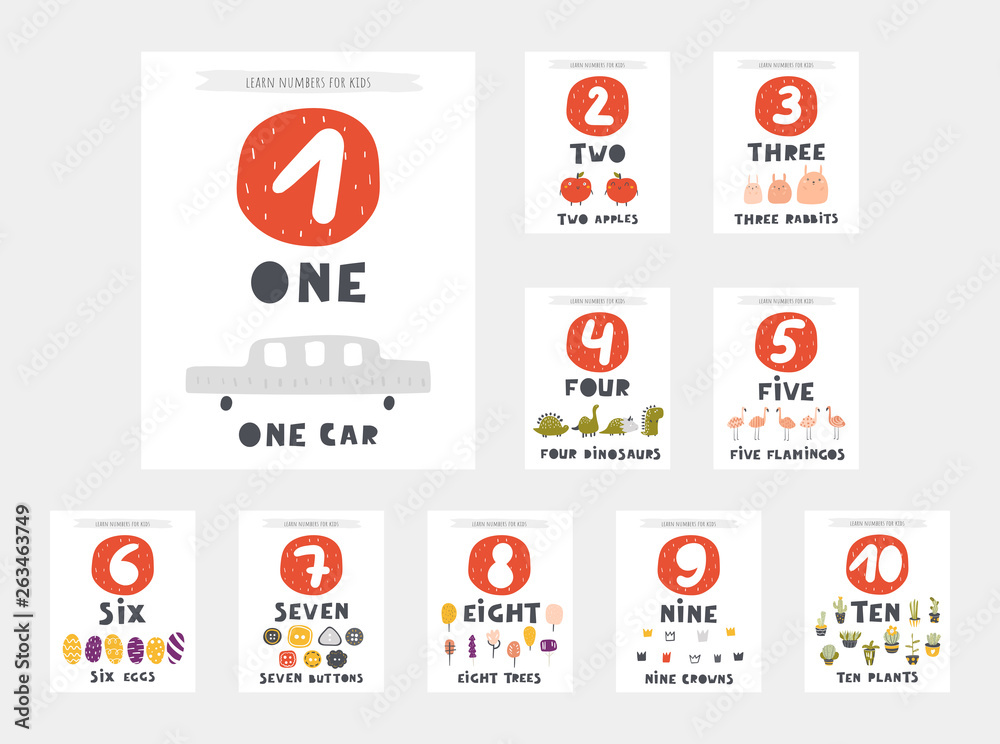 Learn numbers cards for kids. Numbers one, two, three, four, five, six ...