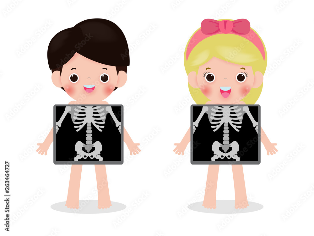 cute cartoon boy and girl with x-ray screen showing internal organs and ...
