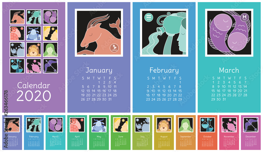 Calendar 2020. Zodiac signs: aquarius, libra, leo, taurus, cancer ...