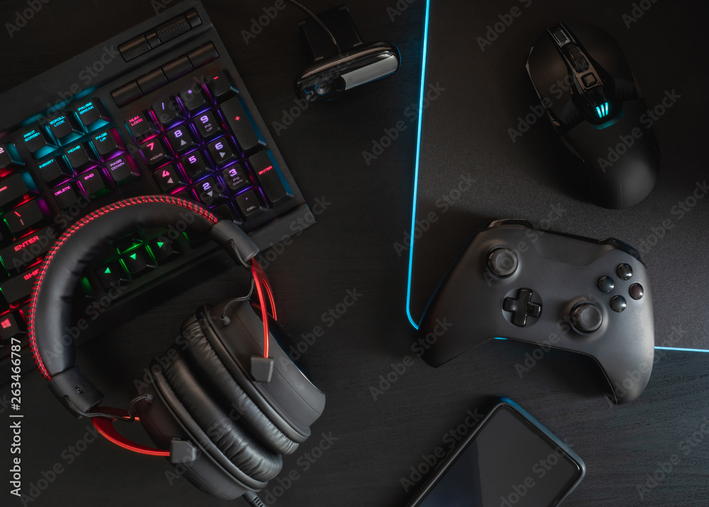gamer workspace concept, top view a gaming gear, mouse, keyboard ...