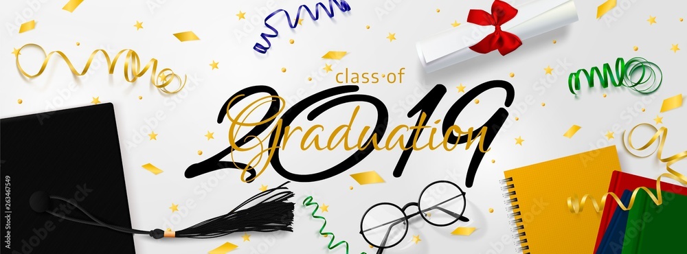 Graduation vector banner. Background Congrats graduates with objects ...