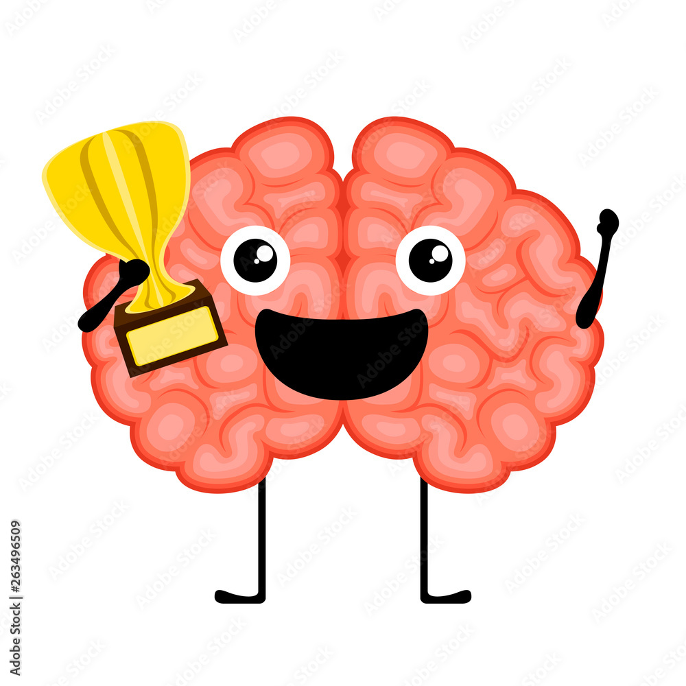 Happy brain cartoon with a golden trophy. Vector illustration design ...