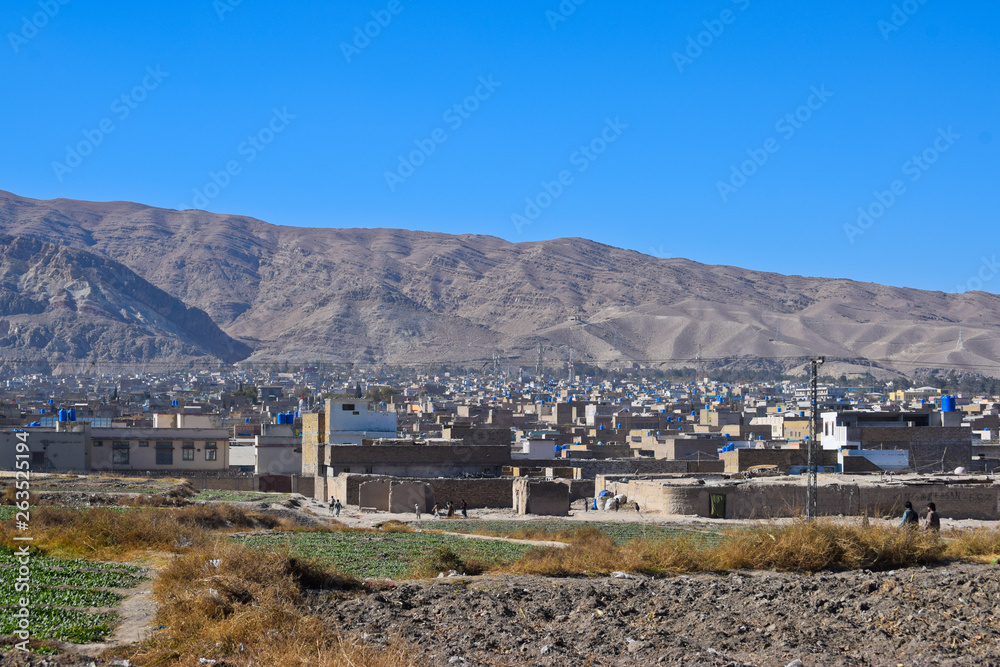 Quetta city Barori road landscape view, mountain blue sky garden summer ...