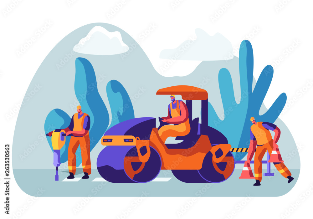 Roadwork and Asphalt Paving. Men in Overall Characters with Heavy ...