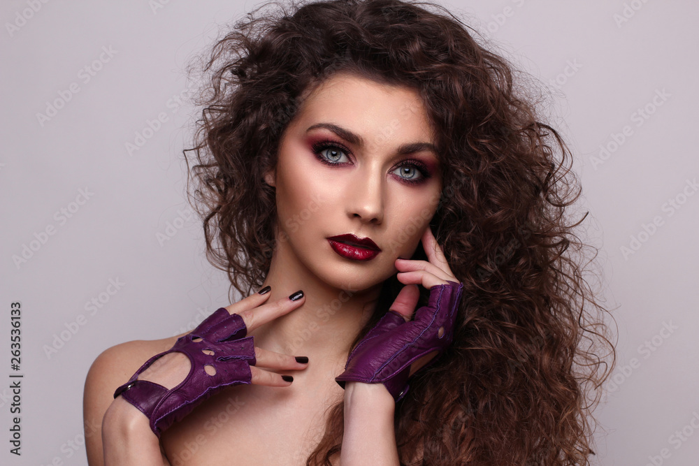 Sexy Curly Beauty Girl With Purple Lips Provocative Make Up Luxury