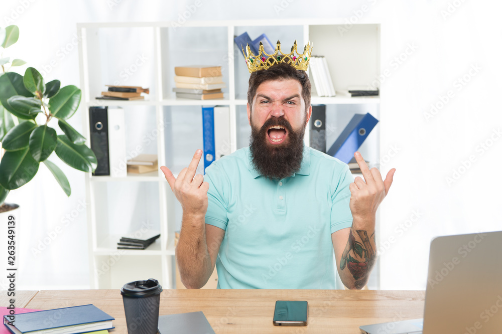 Hate you. Aggressive boss shouting show middle finger gesture. Man ...