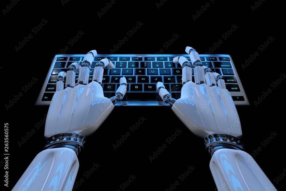 Ai learning concept Robot hands typing on keyboard, keypad. Robotic arm ...