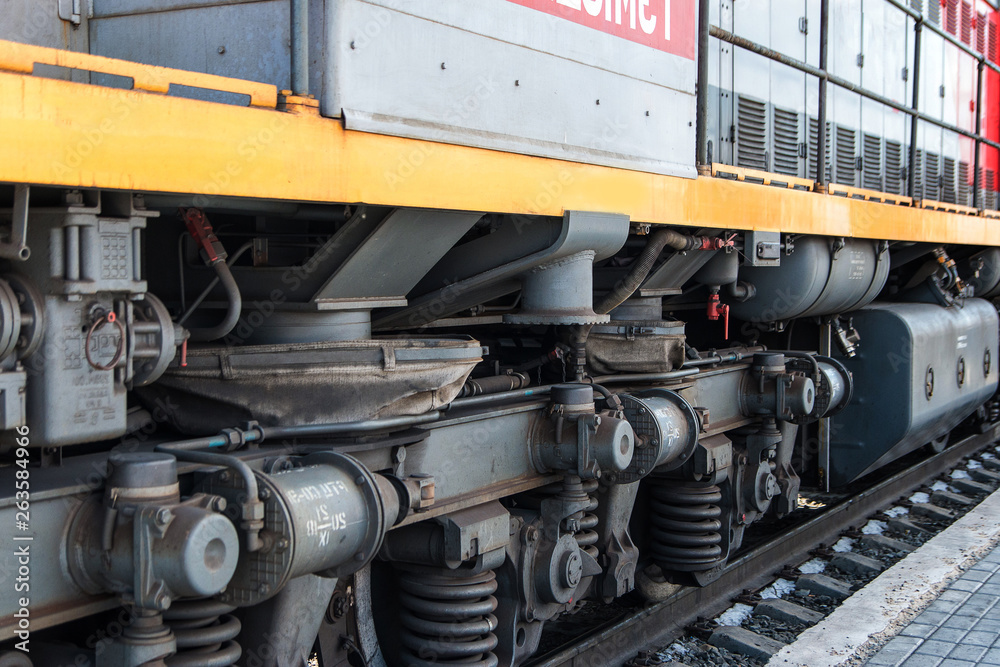 Chassis of the locomotive. The wheels of a modern locomotive. The ...