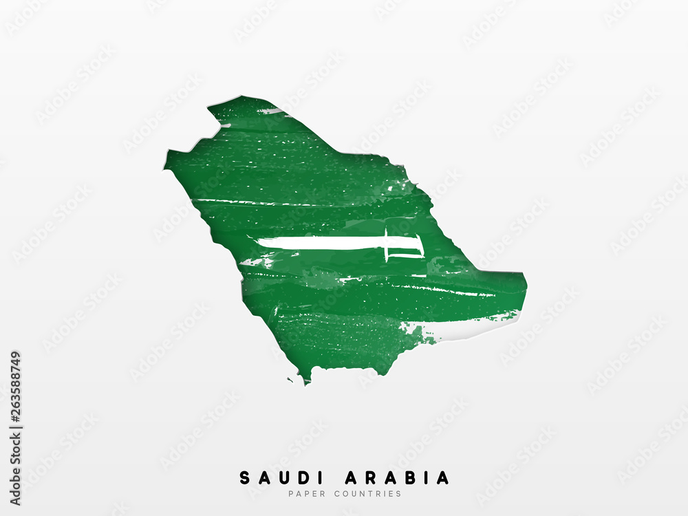 Saudi Arabia detailed map with flag of country. Painted in watercolor ...