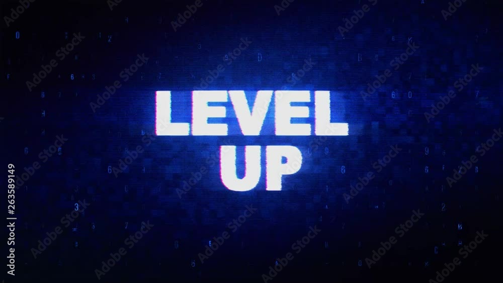 Level Up Text Digital Noise Twitch and Glitch Effect Tv Screen Loop Animation Background. Login ...