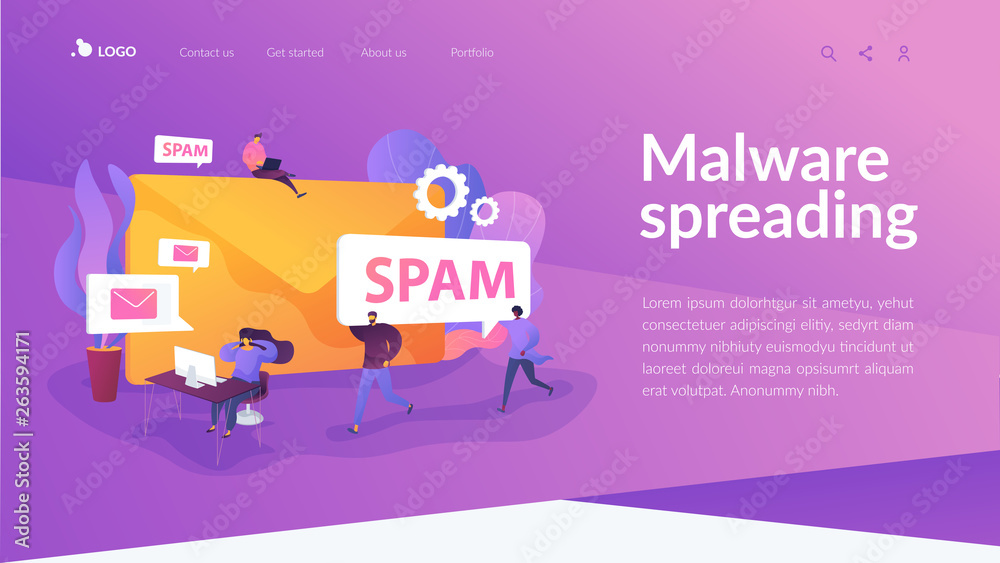 Spam, unsolicited messages, malware spreading concept. Website homepage ...