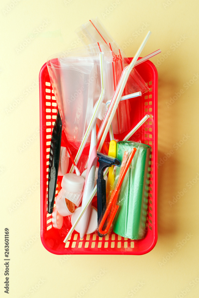 Plastic waste concept: variety of single use objects that get thrown ...