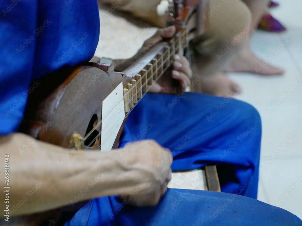 Hands of a musician playing Seung, plucked lute from the Lanna region ...