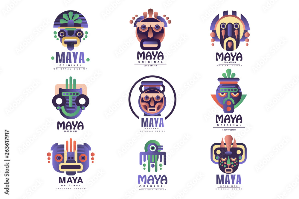 Maya logo original design set, emblems with ethnic mask, Aztec signs ...