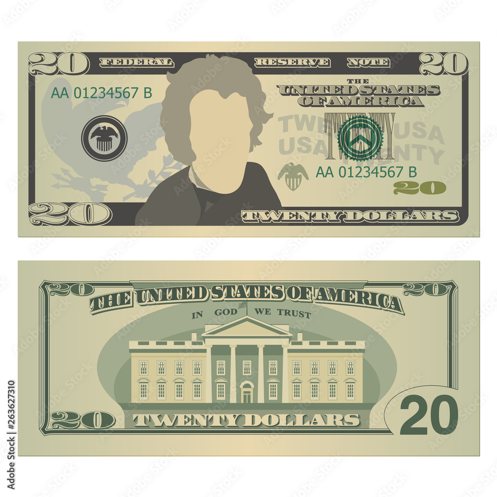 Twenty dollars bill. 20 US dollars banknote, from front and back side ...