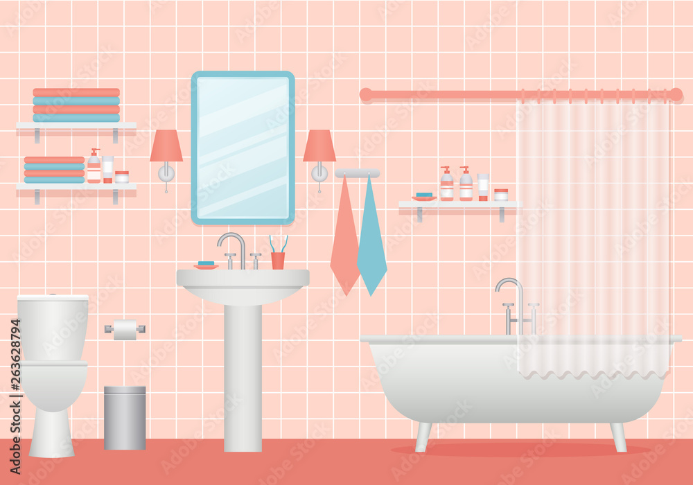 Bathroom interior. Vector. Cartoon room with bath, sink and shelves ...