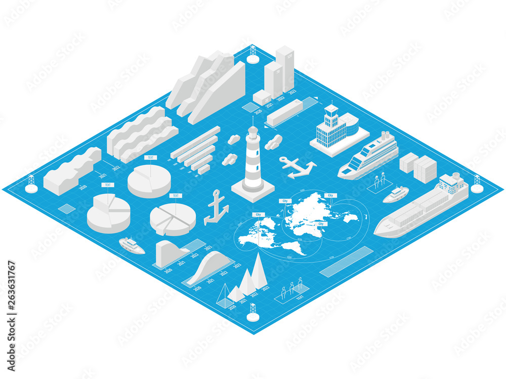 Vecteur Stock Sea port isometric infographics with industrial, fishing ...