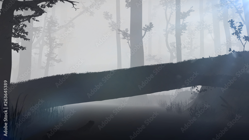 fallen tree, natural bridge in magical forest, dark and foggy fantasy ...