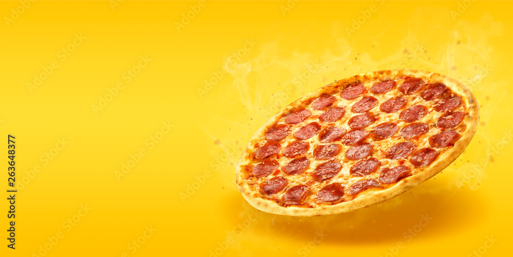 Creative layout of hot delicious pizza with smoke in flying on summer ...