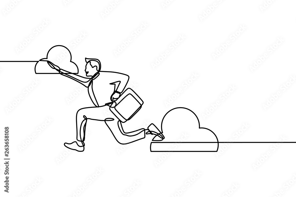 Success worker with office uniform jumping and joyful one line drawing ...